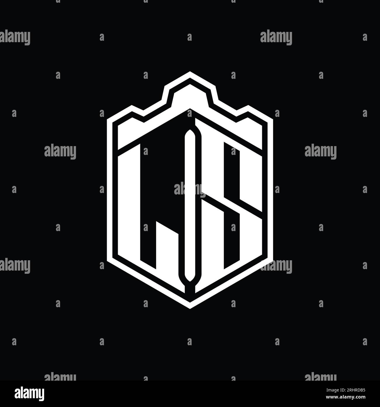 LS Letter Logo monogram hexagon shield shape crown castle geometric with outline style design ...