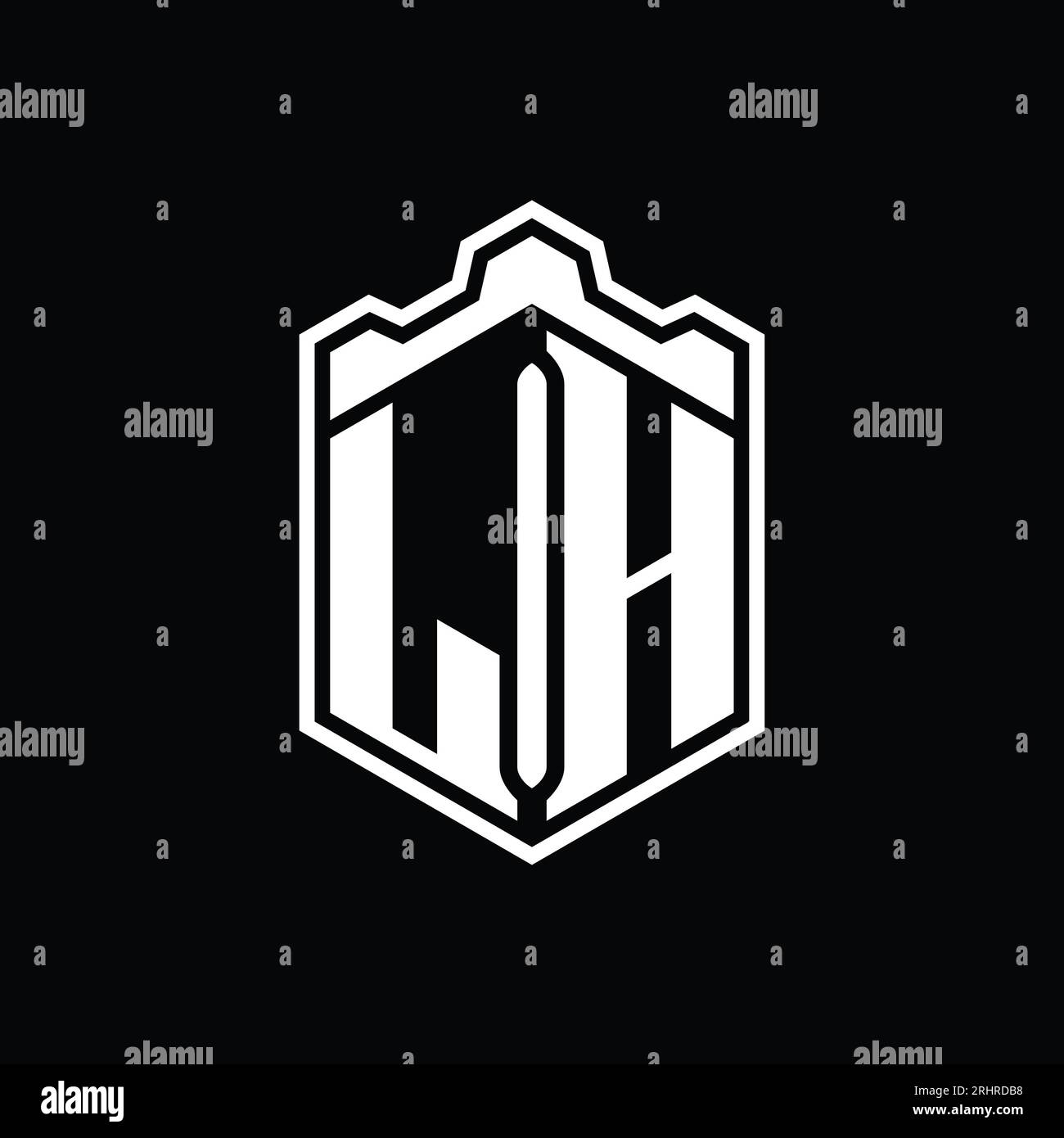 LH Letter Logo monogram hexagon shield shape crown castle geometric with outline style design ...