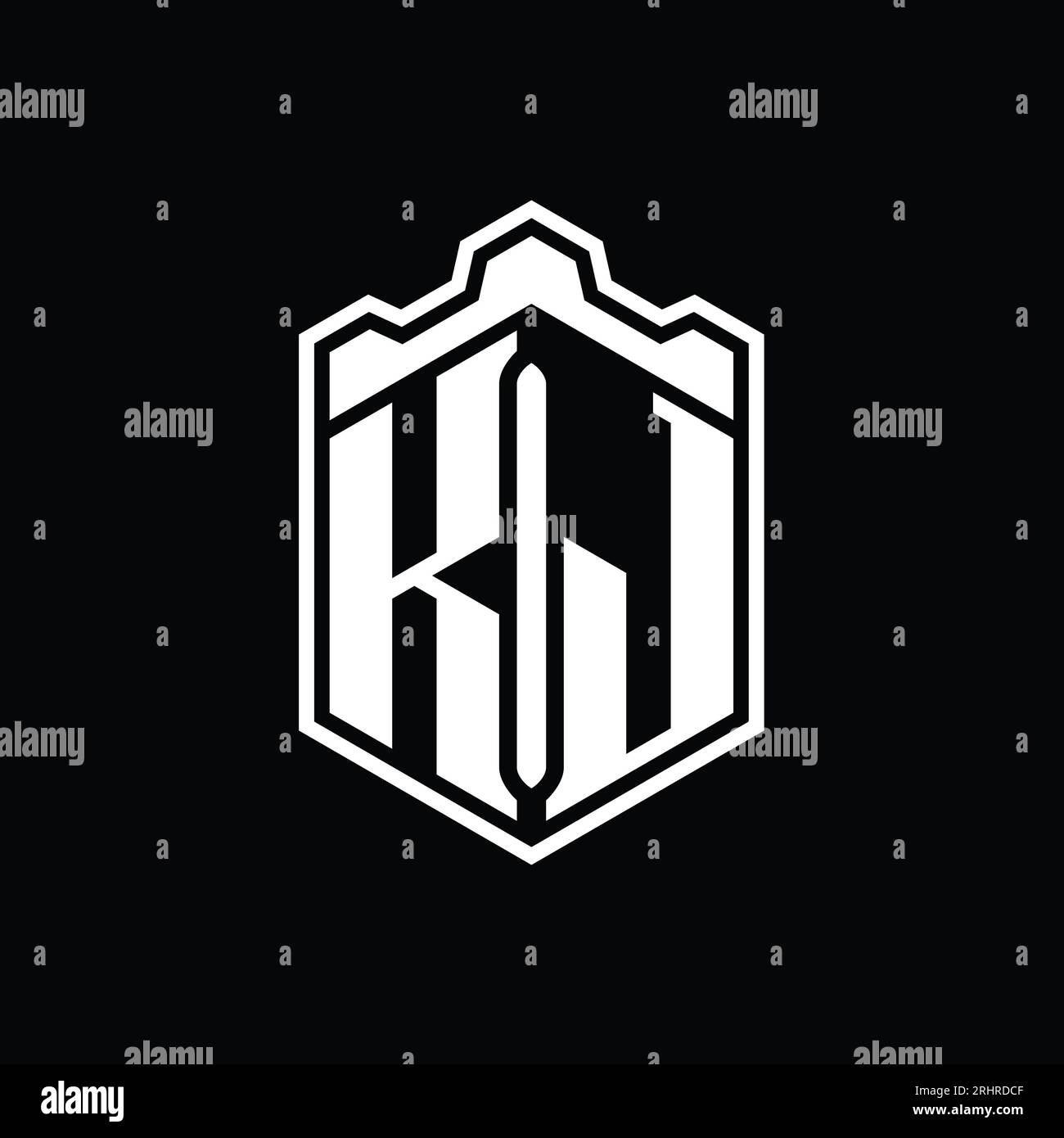 KJ Letter Logo monogram hexagon shield shape crown castle geometric ...
