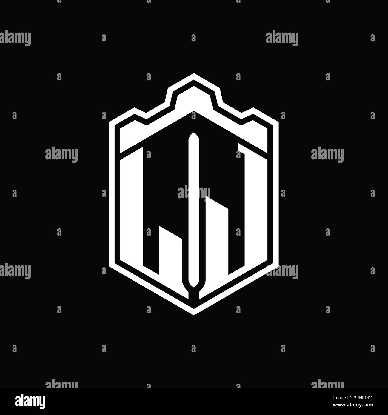 LJ Letter Logo monogram hexagon shield shape crown castle geometric with outline style design ...