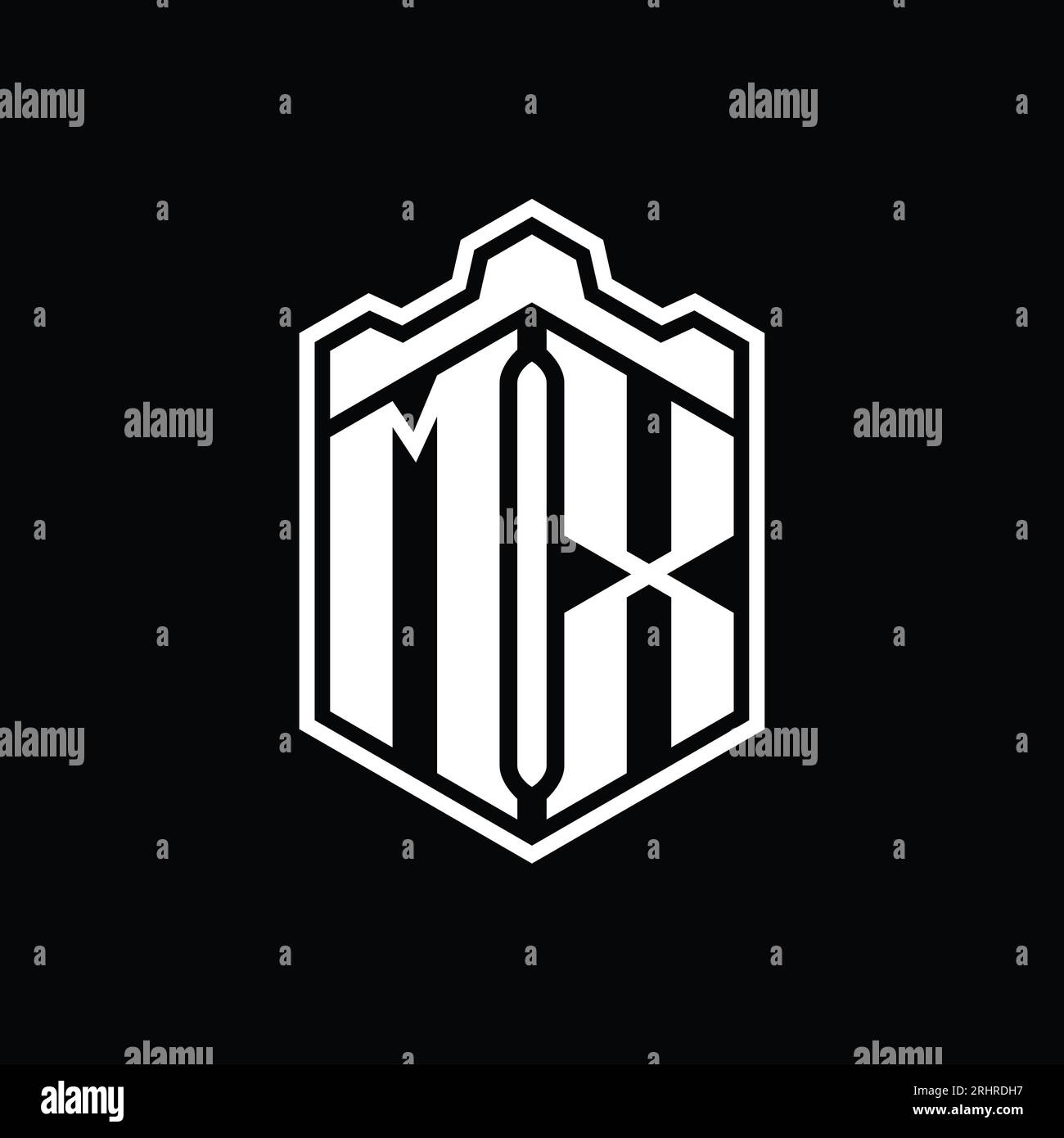 MX Letter Logo monogram hexagon shield shape crown castle geometric with outline style design ...
