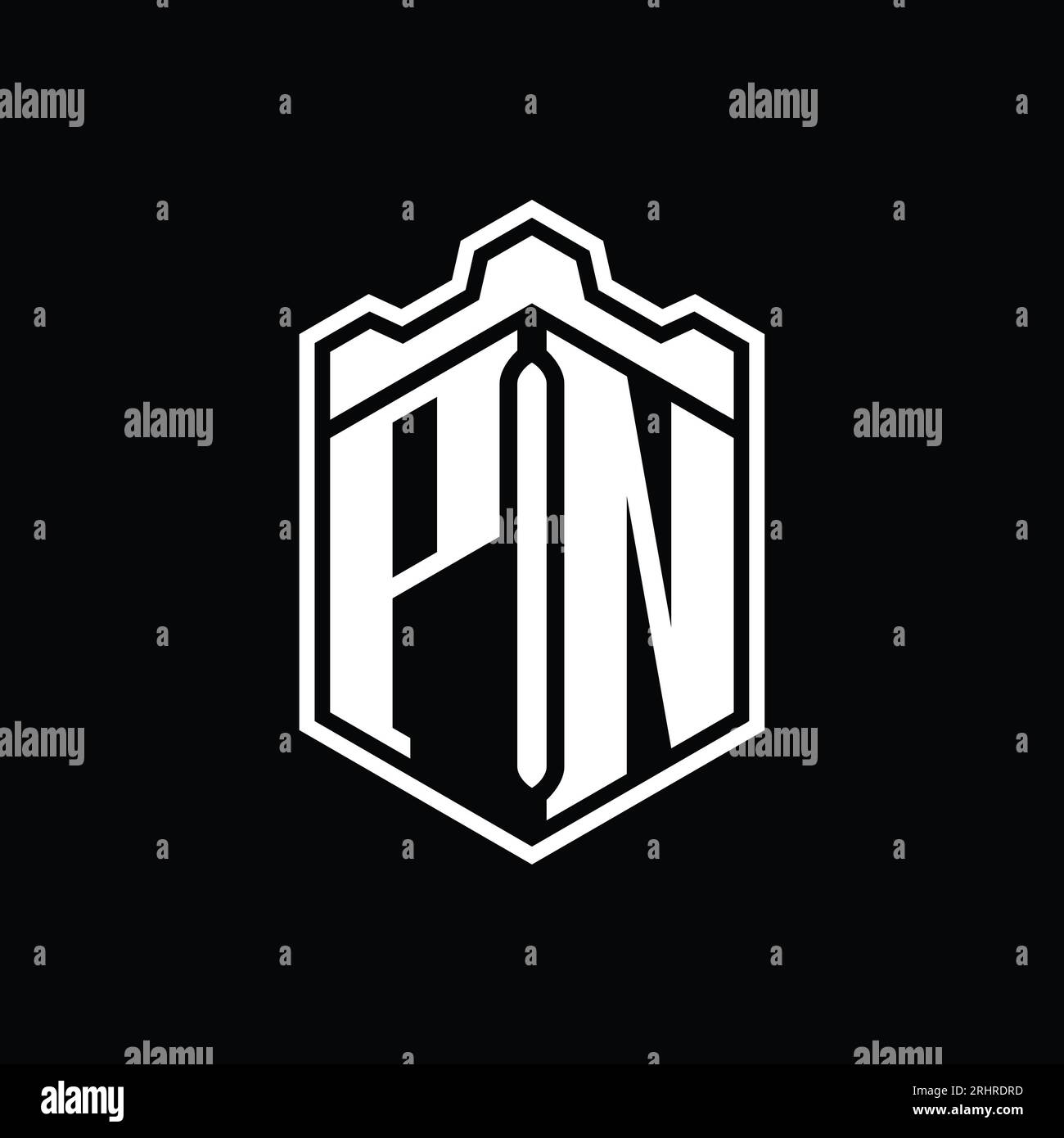 PN Letter Logo monogram hexagon shield shape crown castle geometric with outline style design ...