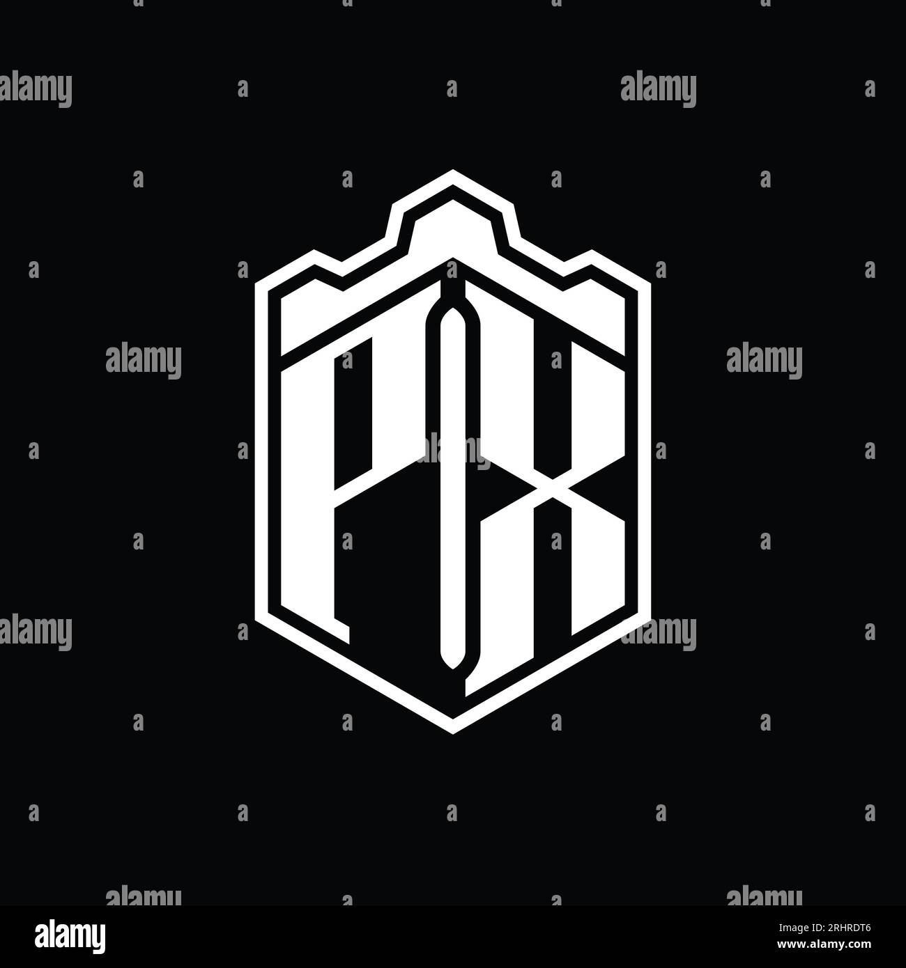 PX Letter Logo monogram hexagon shield shape crown castle geometric with outline style design ...