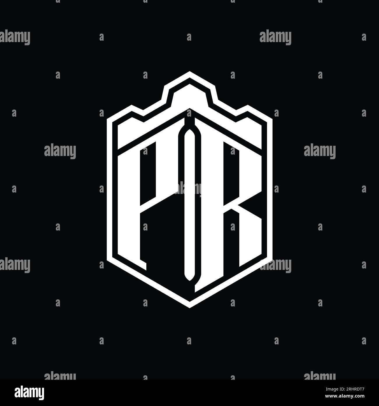 PR Letter Logo monogram hexagon shield shape crown castle geometric with outline style design ...