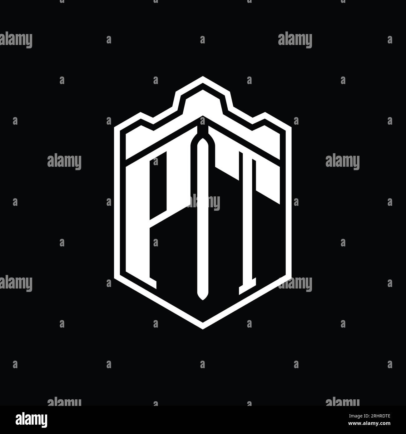 PT Letter Logo monogram hexagon shield shape crown castle geometric ...