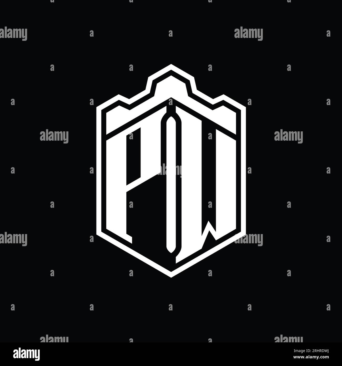 PW Letter Logo monogram hexagon shield shape crown castle geometric ...