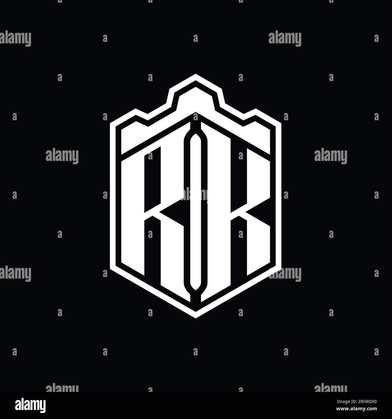 RK Letter Logo monogram hexagon shield shape crown castle geometric with outline style design ...