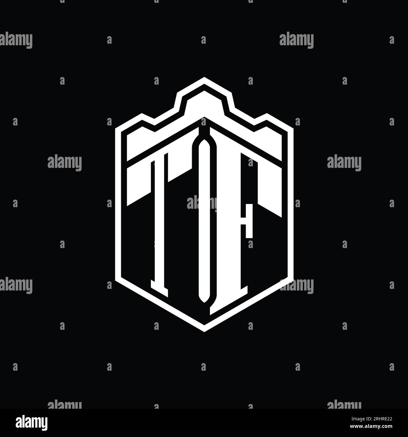 TF Letter Logo monogram hexagon shield shape crown castle geometric with outline style design ...