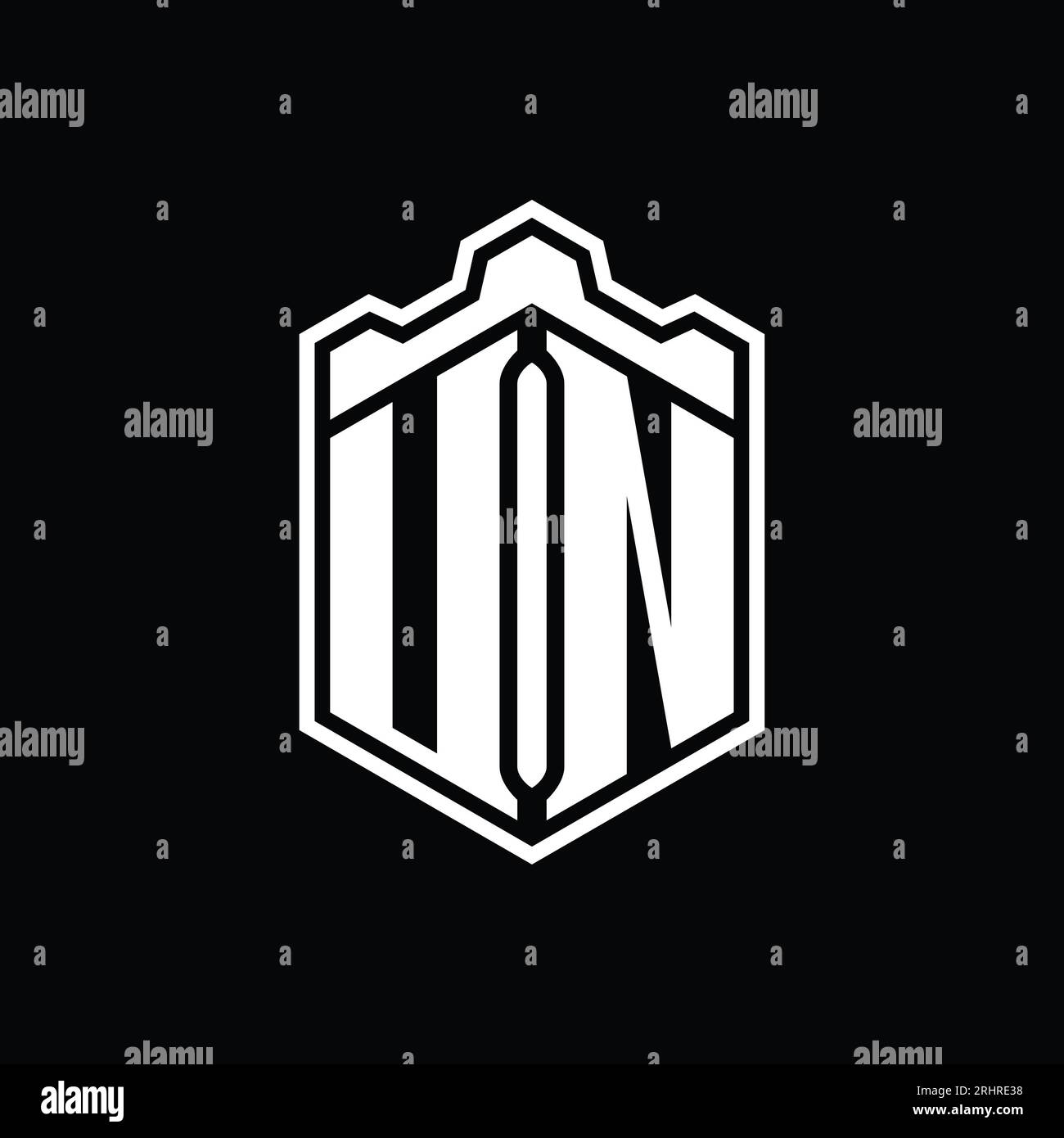 UN Letter Logo monogram hexagon shield shape crown castle geometric ...