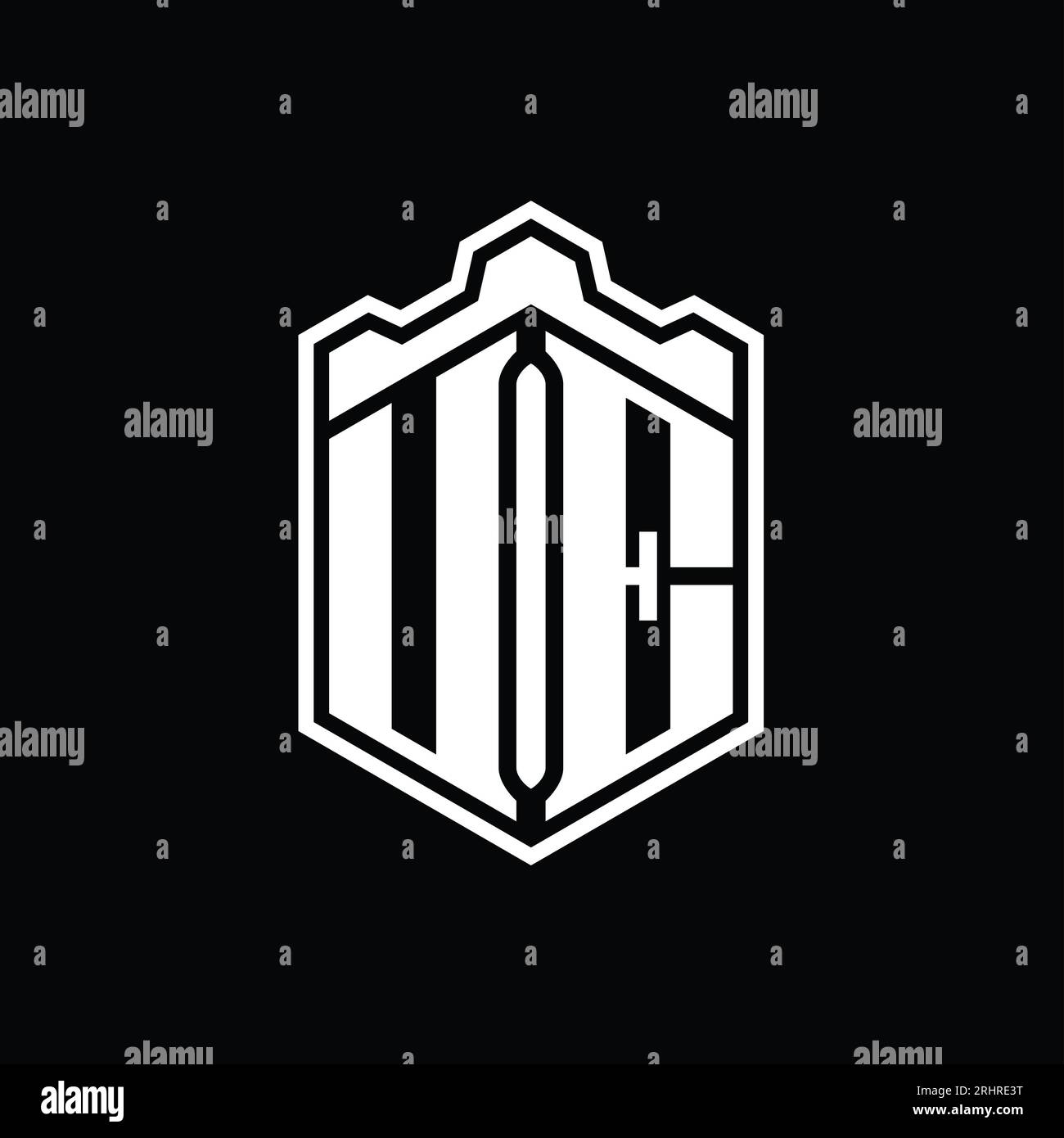 UE Letter Logo monogram hexagon shield shape crown castle geometric ...