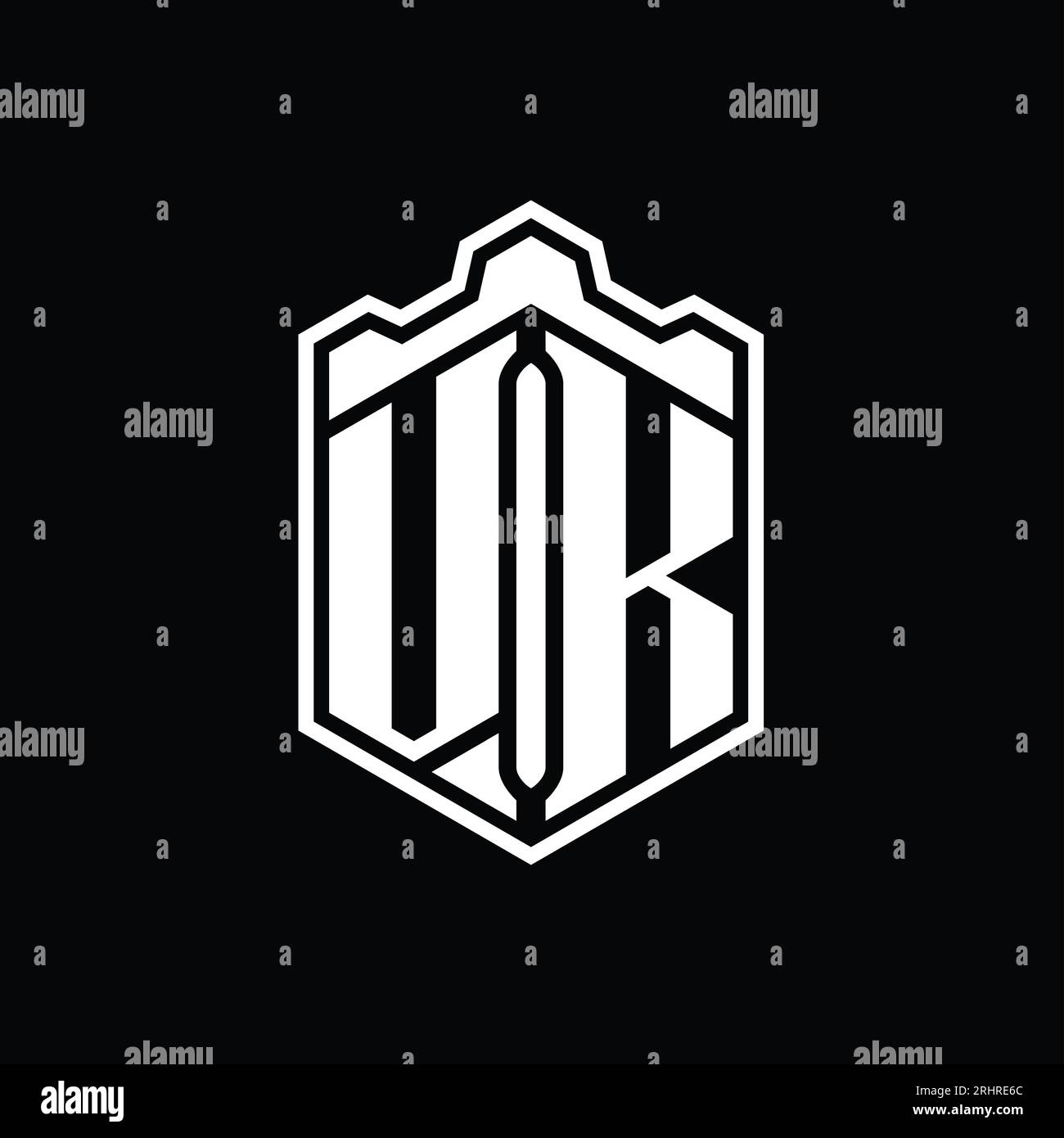 VK Letter Logo monogram hexagon shield shape crown castle geometric ...
