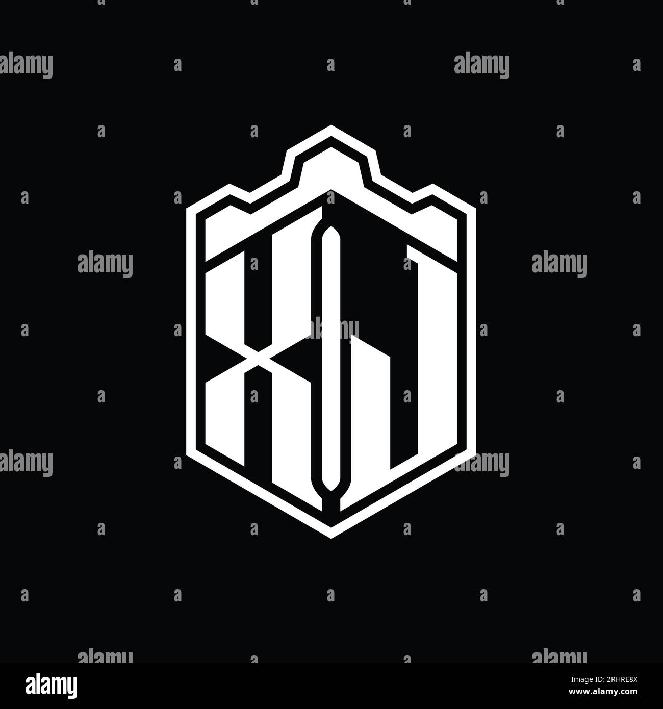 XJ Letter Logo monogram hexagon shield shape crown castle geometric with outline style design ...