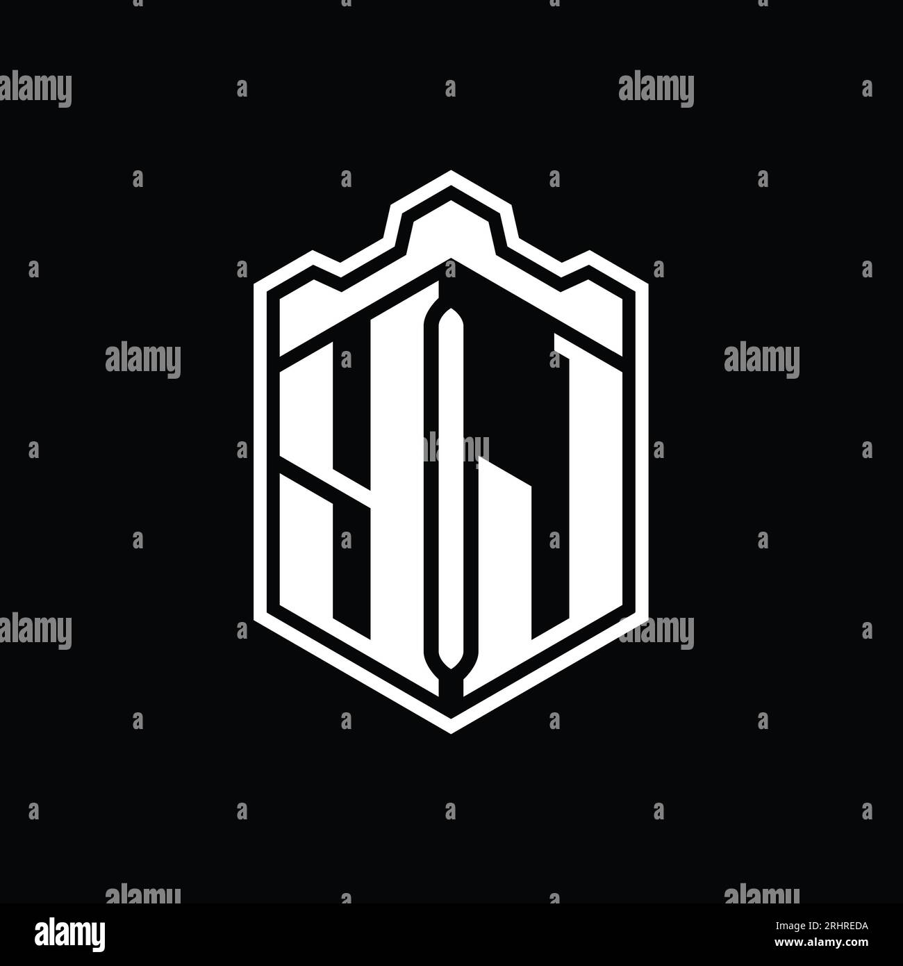 YJ Letter Logo monogram hexagon shield shape crown castle geometric with outline style design ...