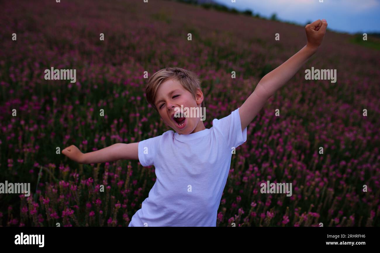 Happy boy stretching in flower meadow at twilight Stock Photo - Alamy