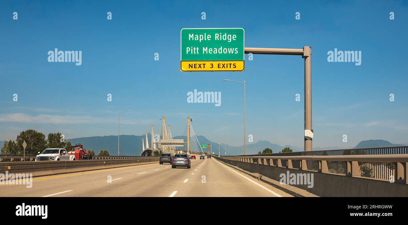 Golden Ears Bridge connecting Maple Ridge to Langley. Traffic on a ...