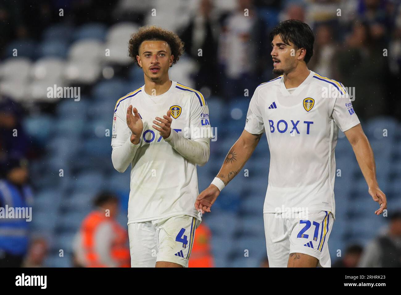 Ethan Ampadu #4 of Leeds United applauds the fans at the end of the Sky ...