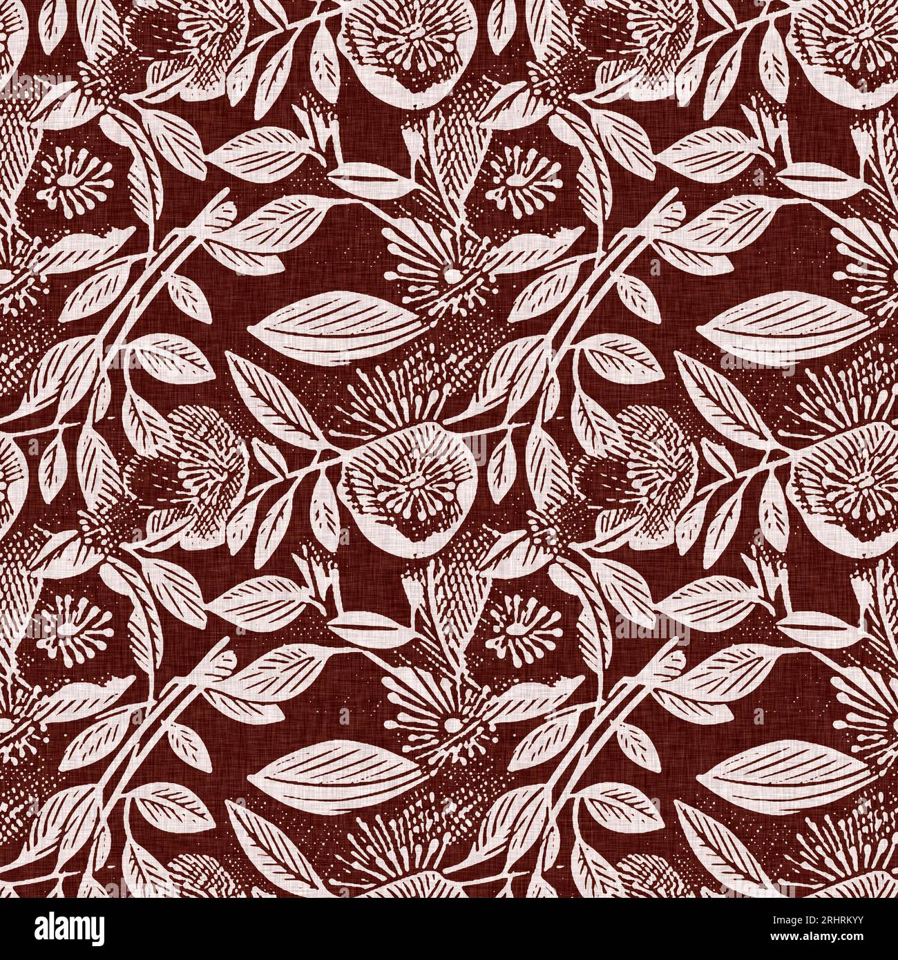 Maroon red country floral blockprint linen seamless pattern. Allover ...