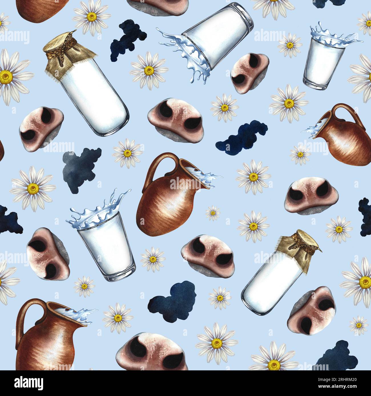Seamless pattern with dairy products, cow noses and dairy cow spots and ...
