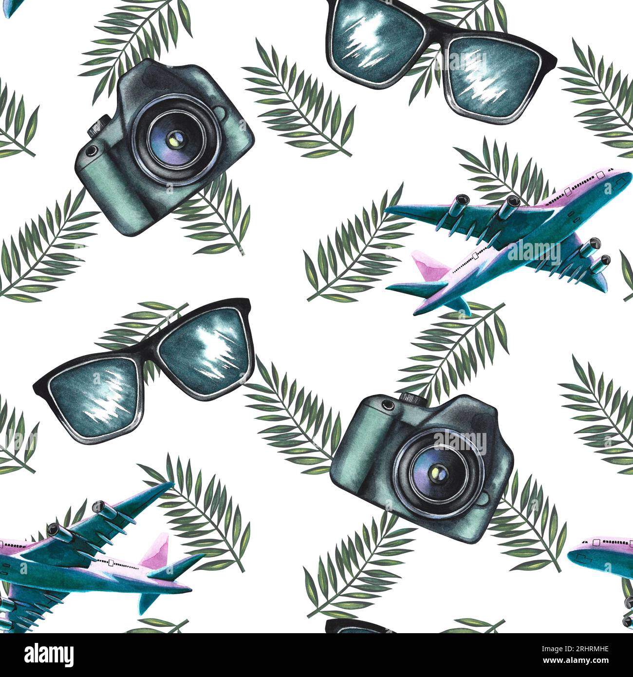 Seamless pattern with passenger planes, palm branches, photo ...
