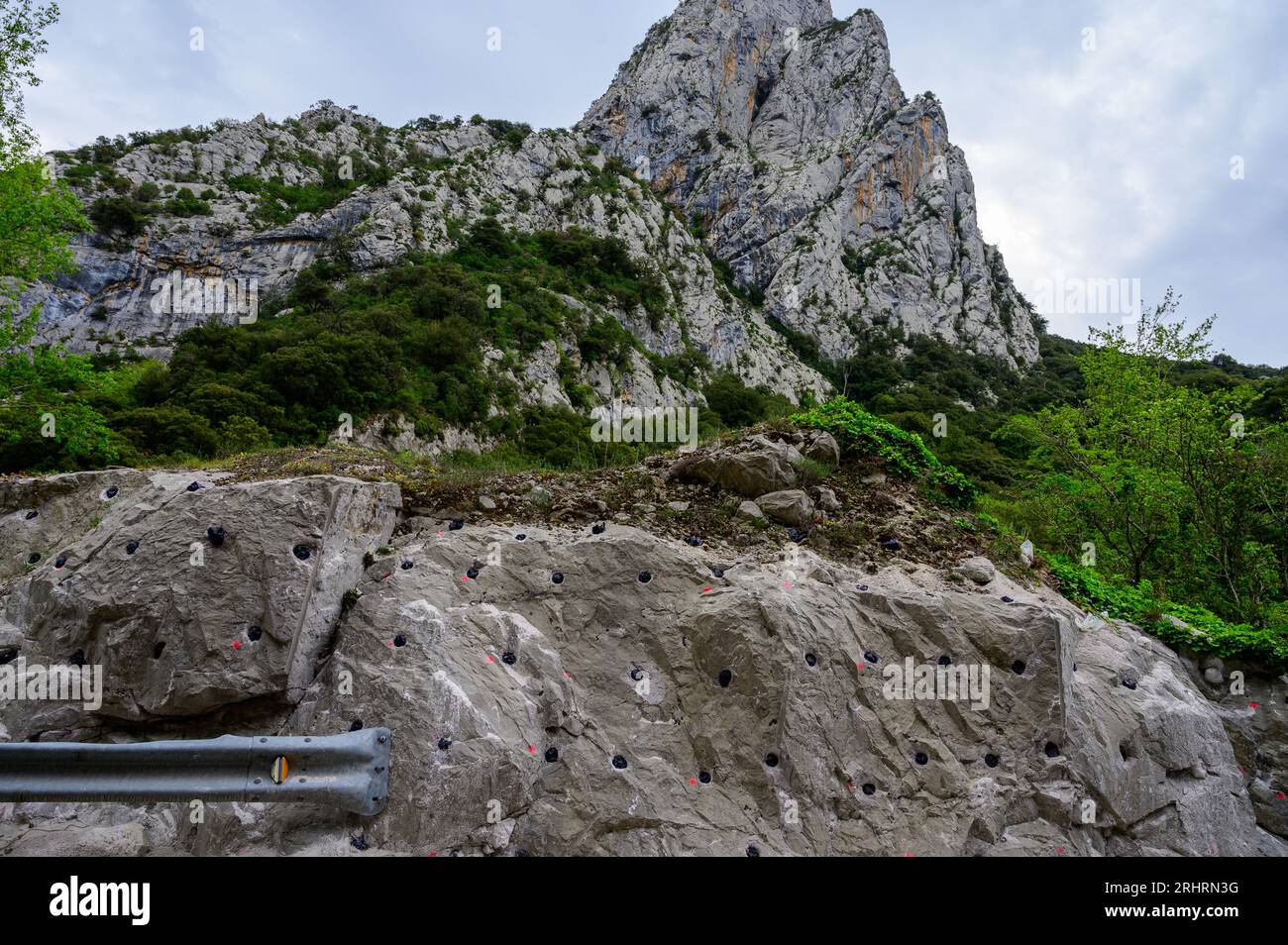 Road construstion works, dynamite hols for blasting of rock in ...