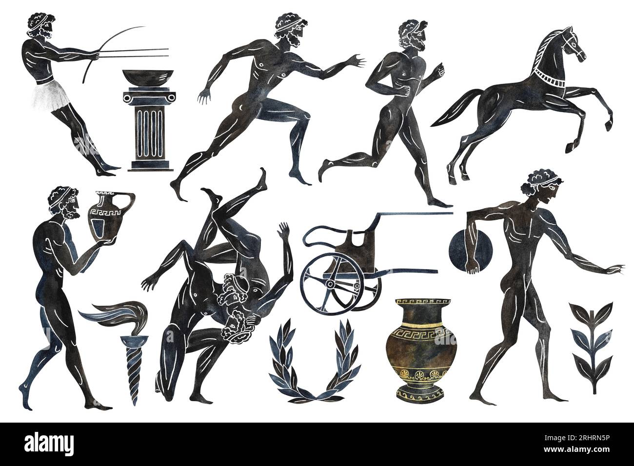 A set with ancient Greek elements and athletes. In the style of ancient ...