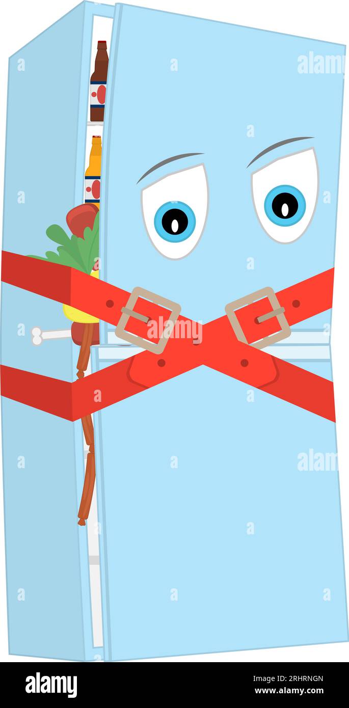 Сartoon refrigerator tied with straps. Fridge filled with food and tied ...