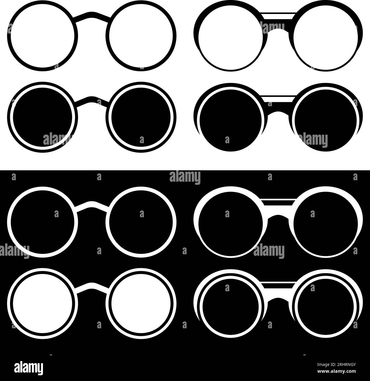 Collection of silhouettes of glasses with round lenses on black and ...