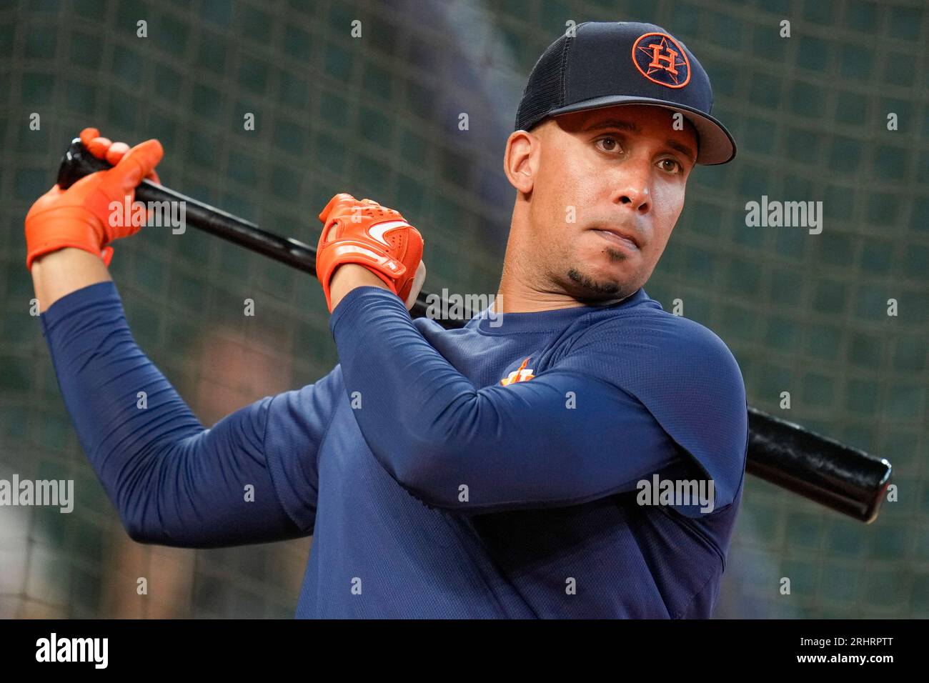 Houston Astros' Michael Brantley warms up during batting practice ...