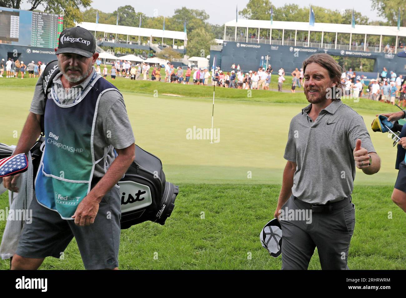 OLYMPIA FIELDS, IL - AUGUST 18: PGA golfer Tommy Fleetwood reacts as he walks off the 18th green ...