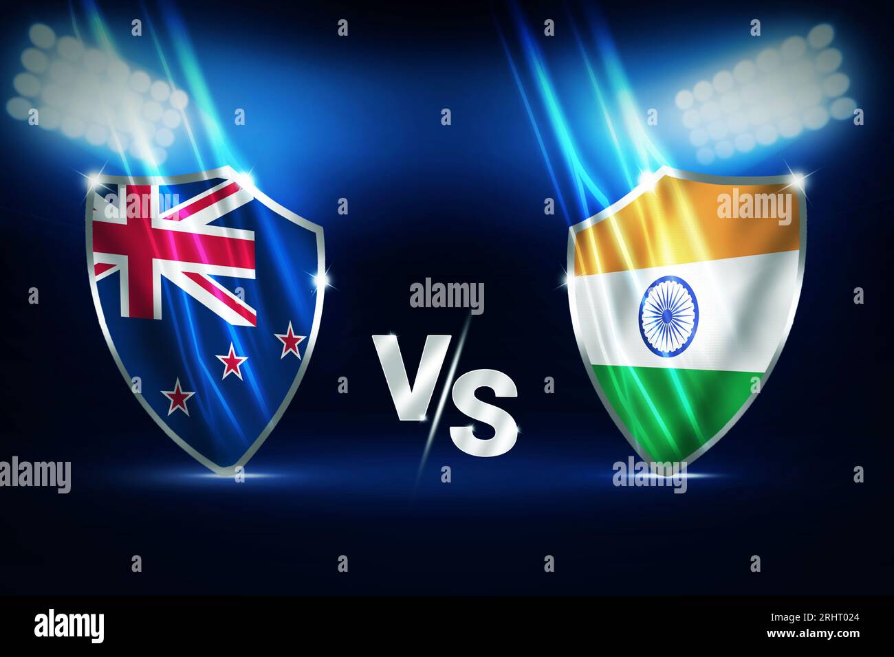 Blue glowing lights of stadium with Cricket match fixture between New ...