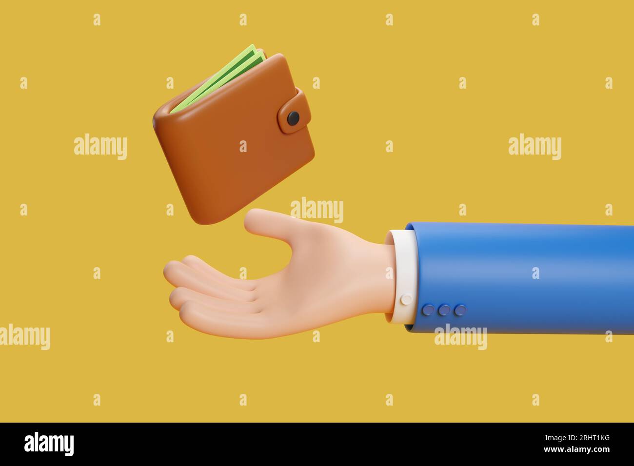 Cartoon hand holding a wallet isolated on yellow background. 3d ...