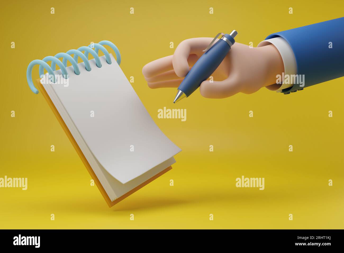 Cartoon hand writing in a notepad isolated in yellow background. 3d ...