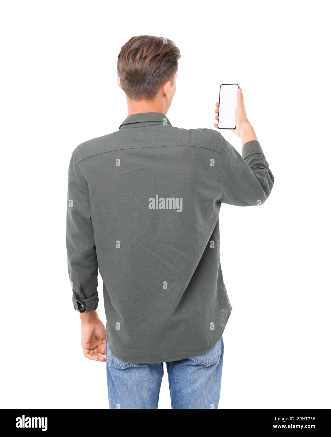 Man holding phone with blank screen on white background, back view ...