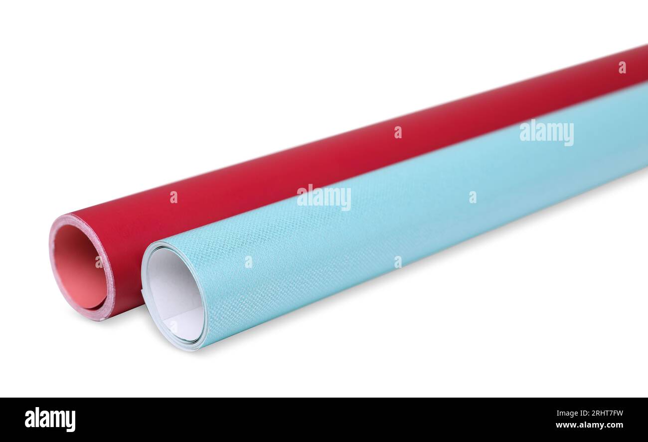 Rolls of colorful wrapping papers on white background Stock Photo - Alamy