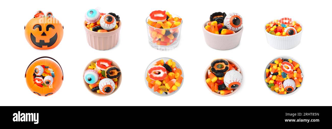Chewy candies for Halloween isolated on white. Collage with top and ...