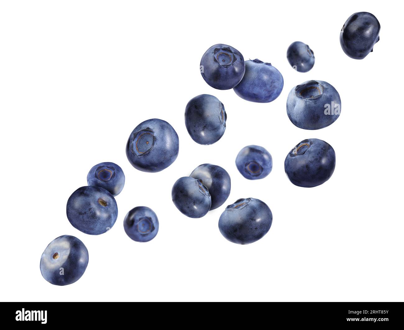 Many ripe blueberries falling on white background Stock Photo - Alamy
