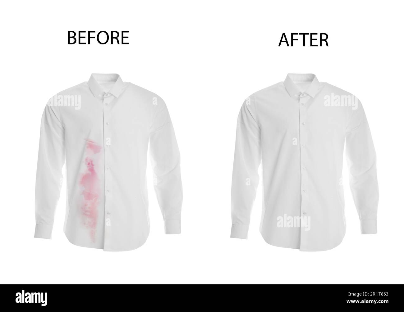Collage with dirty and clean shirt isolated on white. Before and after ...