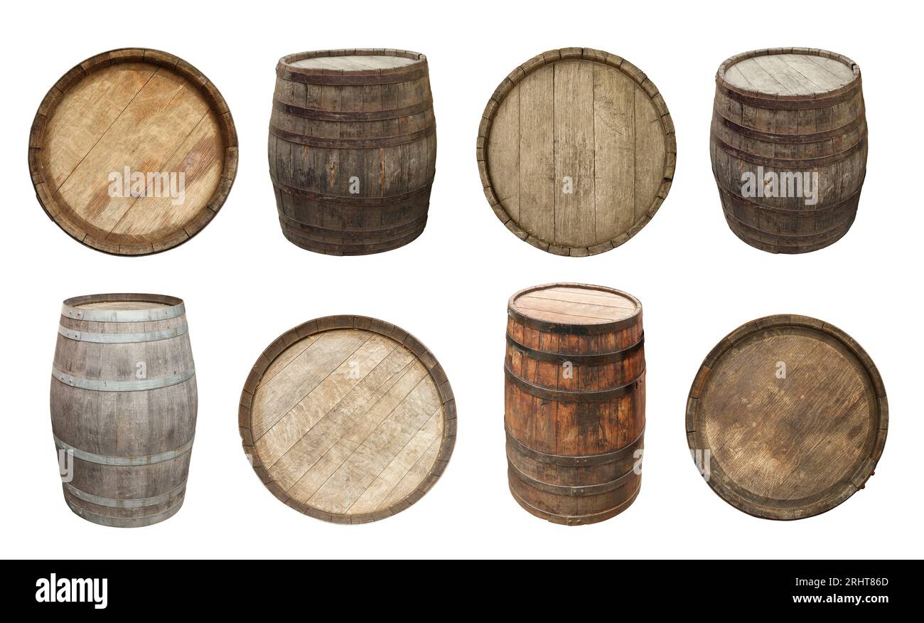 Different wooden barrels isolated on white, top and side views. Collage ...