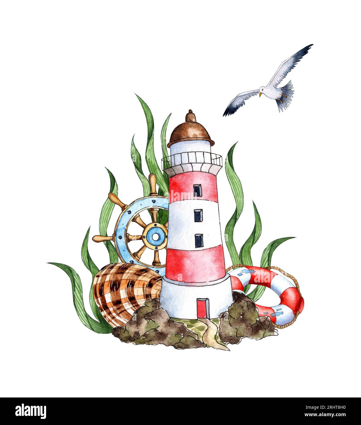 Watercolor illustration of a sea lighthouse with a rudder, a lifebuoy ...