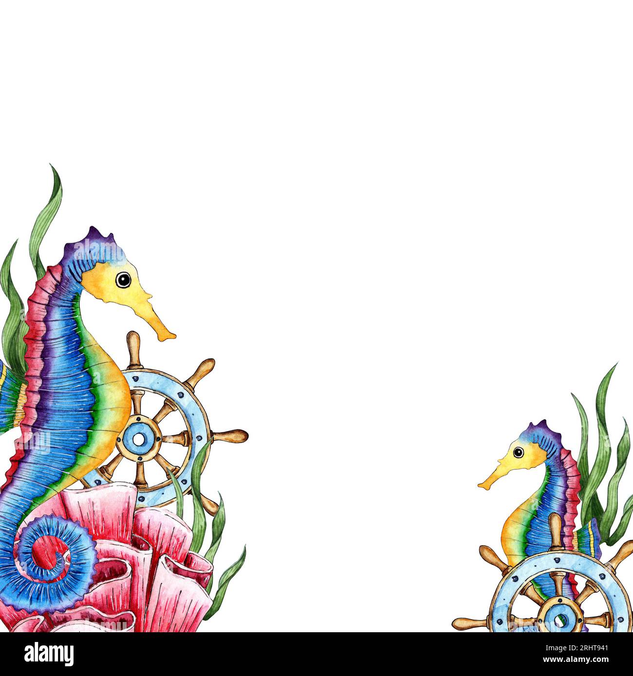 Watercolor illustration frame of a blue seahorse with corals, algae and ...