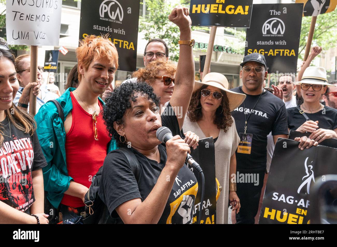 Liza Colon-Zayas speaks as WGA and SAG-AFTRA members walk picket lines ...