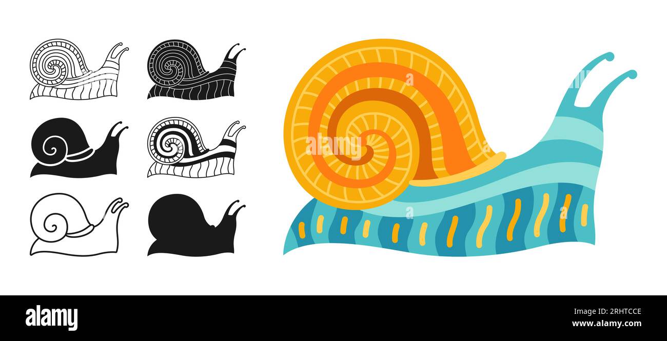 Snail with doodle ornament cartoon set. Funny mollusk silhouette shape or symbol, tattoo, stamp ...