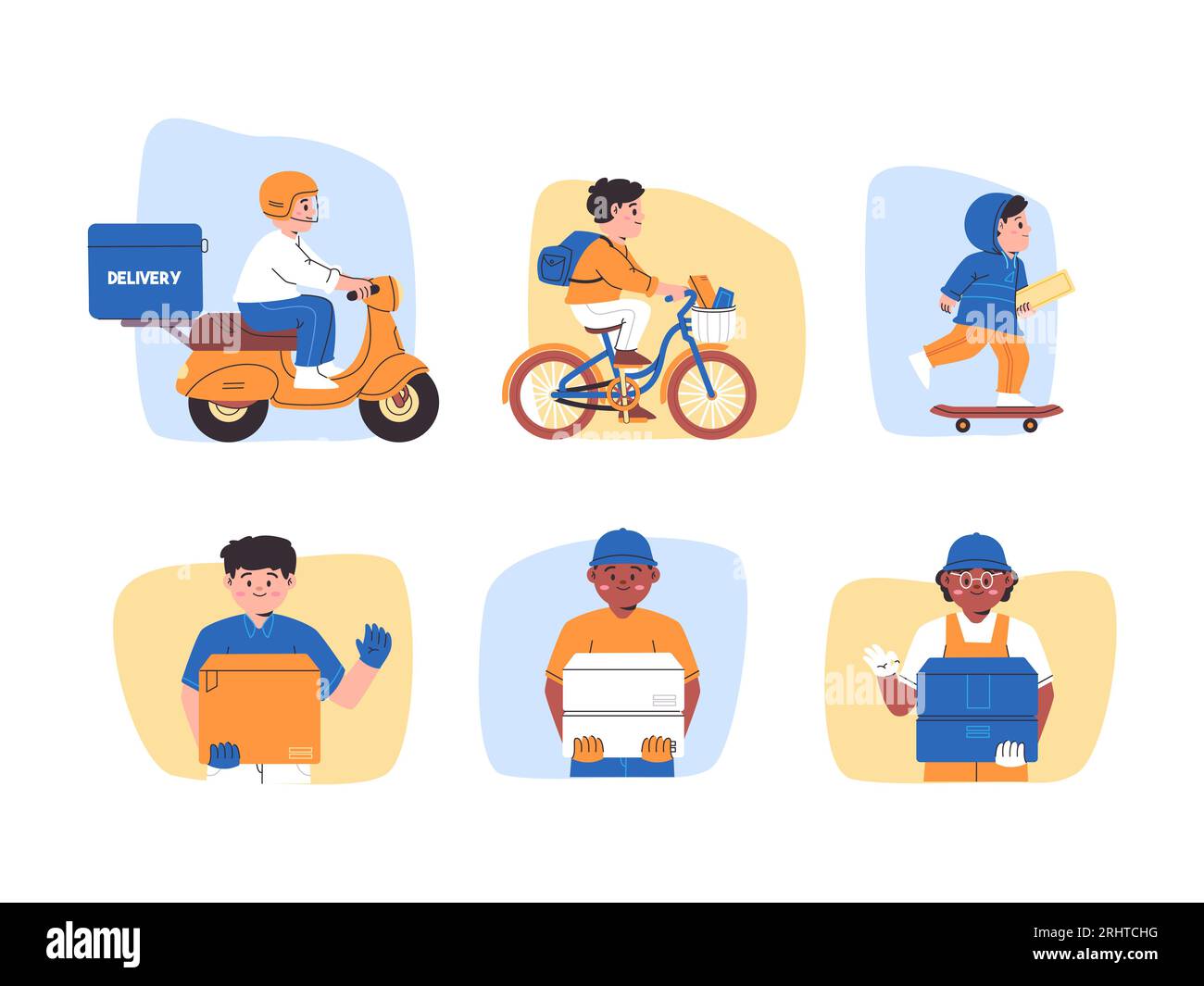 Delivery man service with motorbike scooter bicycle and skateboard ...