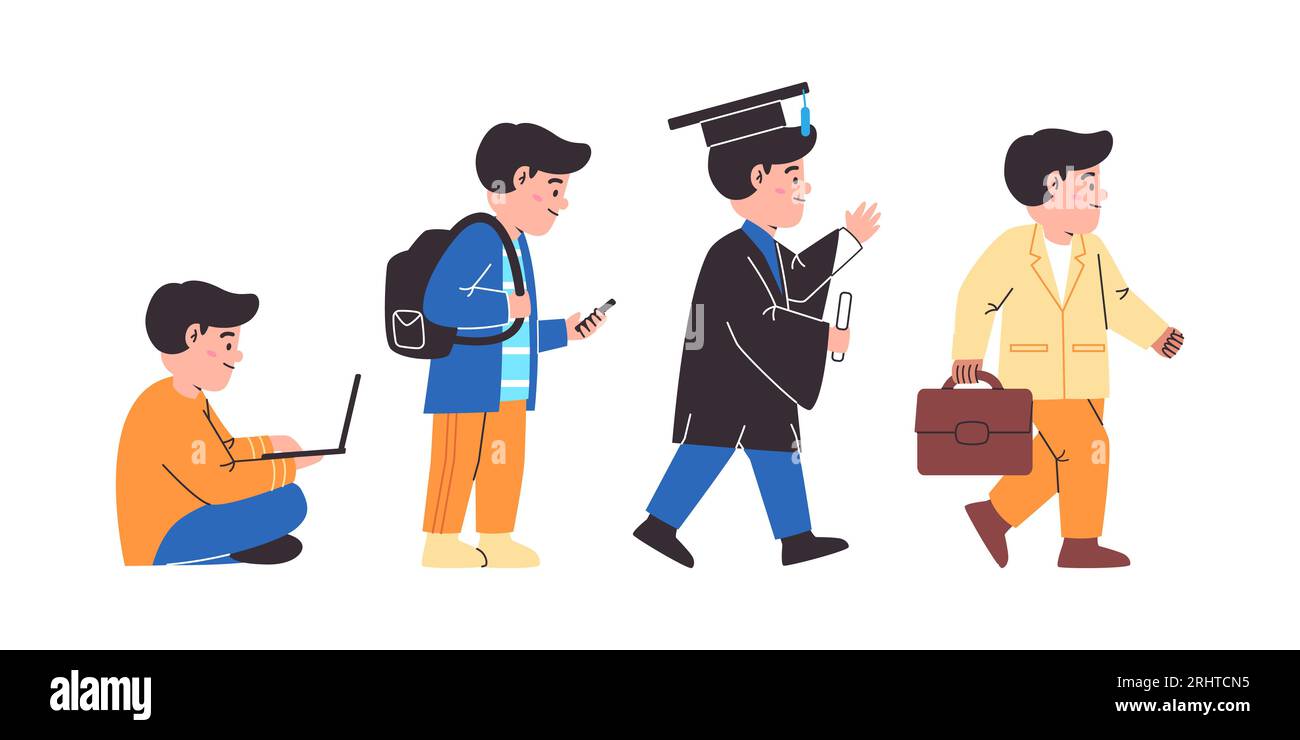 progress life stages man sitting with laptop graduation and worker ...