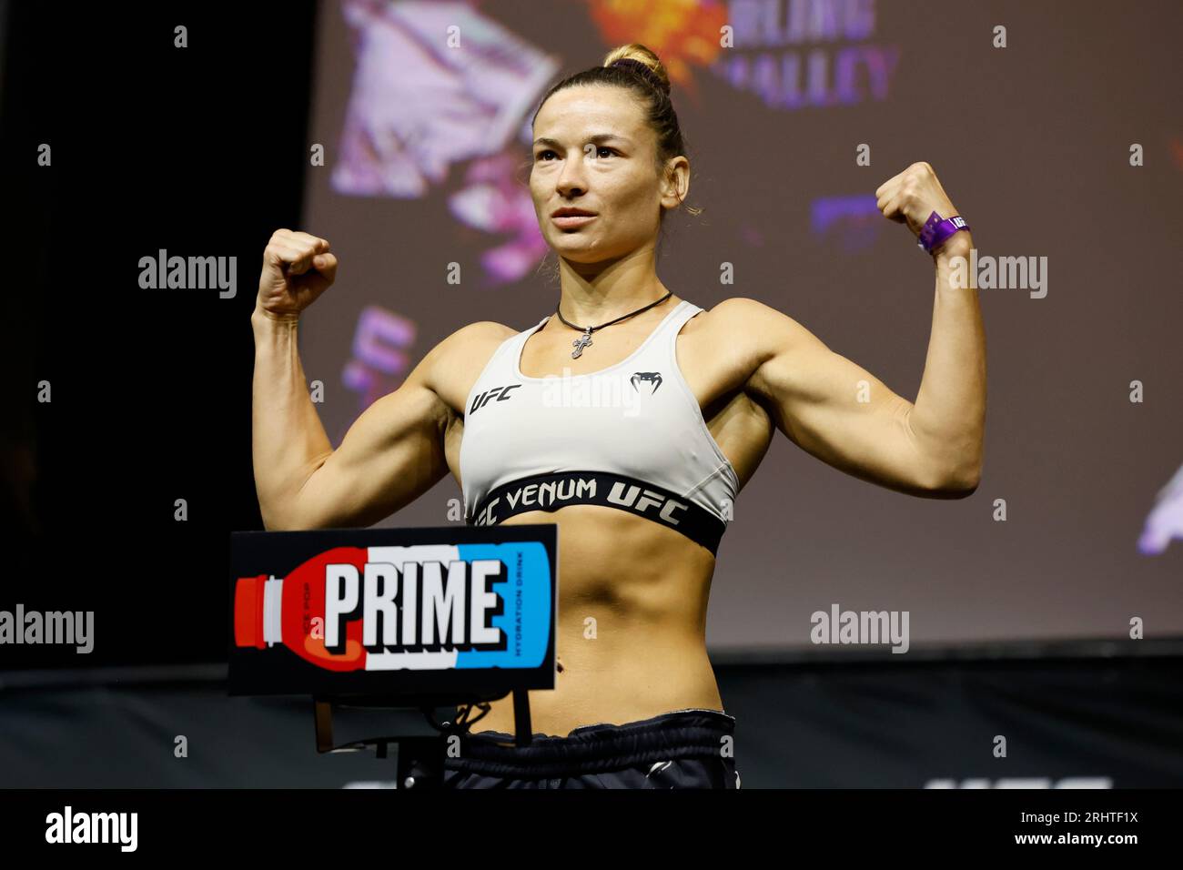 Maryna Munoz poses at the ceremonial weigh-in for the UFC 292 mixed ...