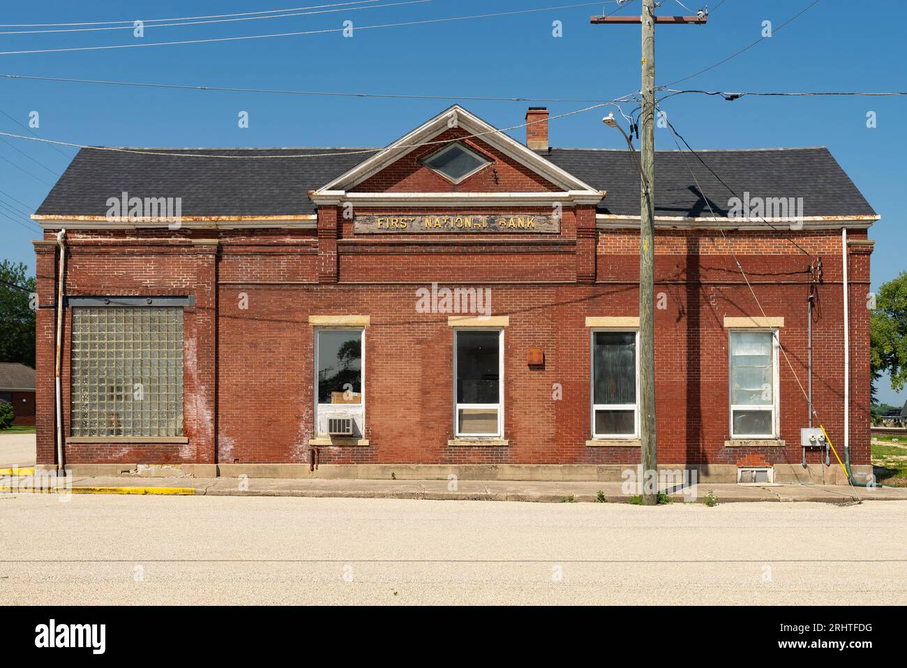 Exterior of old brick bank building in downtown Malta, Illinois, USA ...