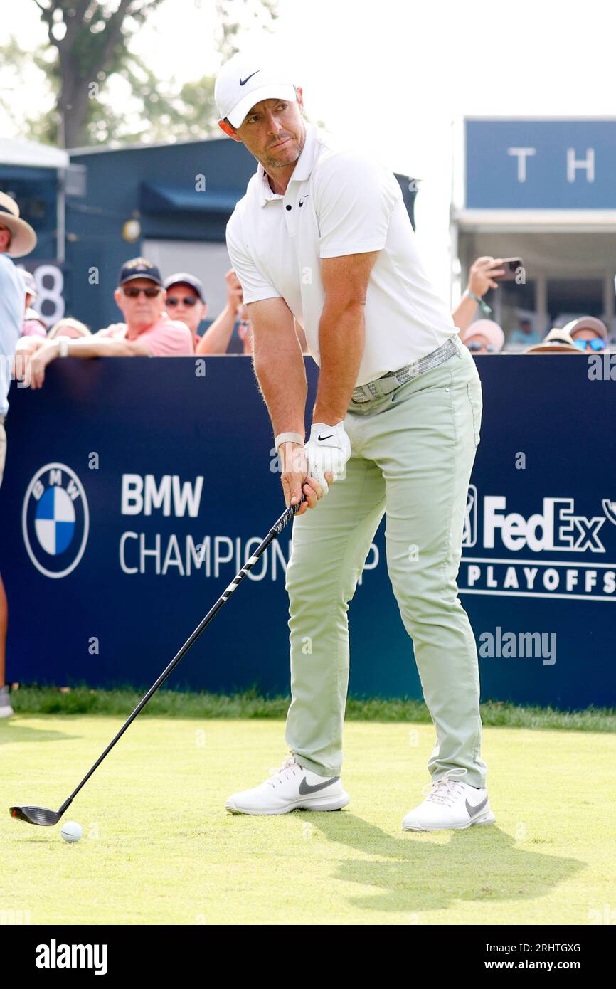 OLYMPIA FIELDS, IL - AUGUST 18: PGA golfer Rory McIlroy plays his tee shot on the 17th hole ...