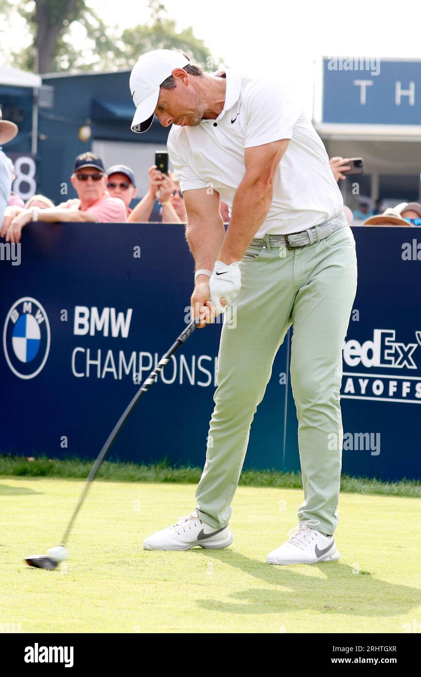 OLYMPIA FIELDS, IL - AUGUST 18: PGA golfer Rory McIlroy plays his tee shot on the 17th hole ...