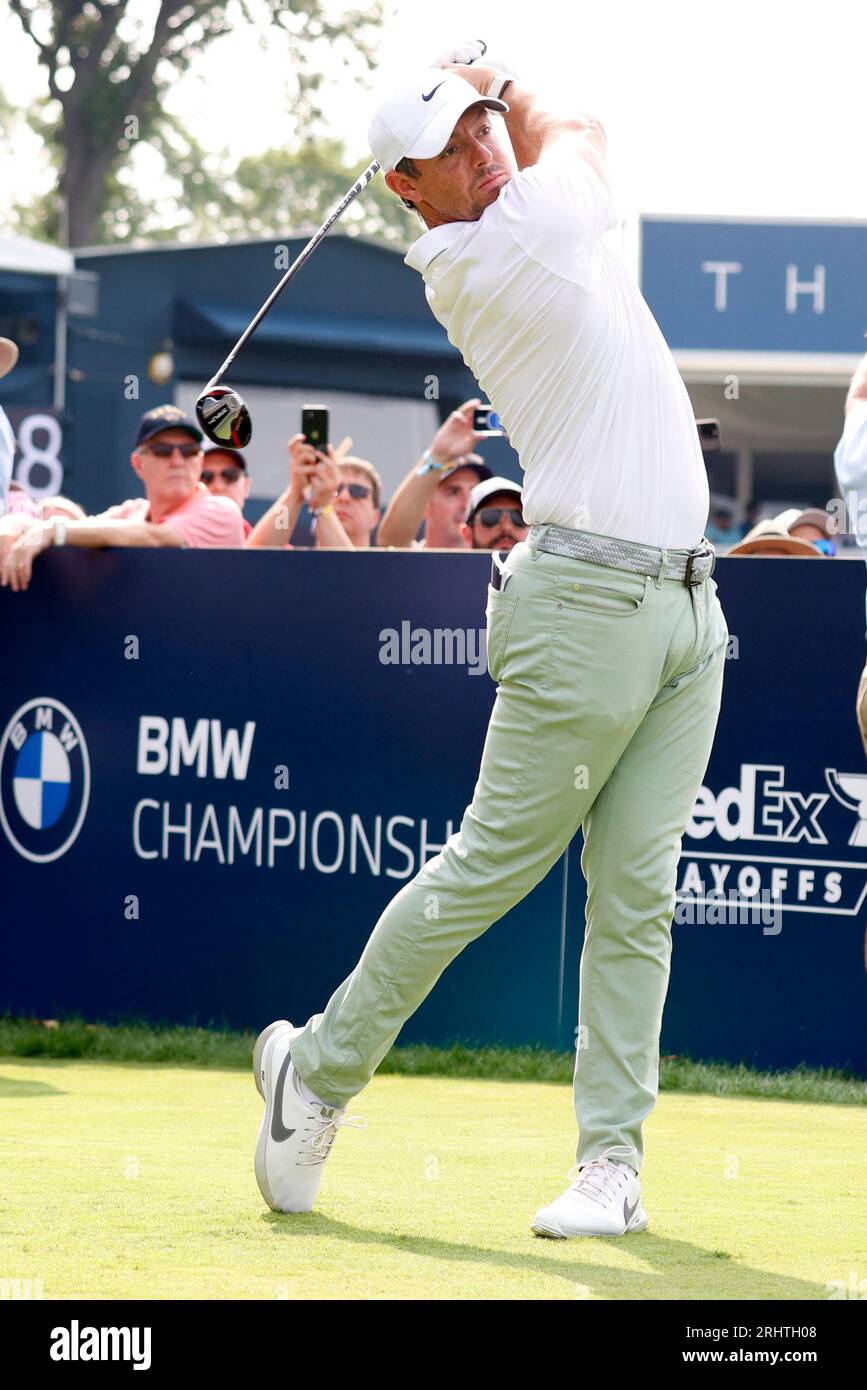 OLYMPIA FIELDS, IL - AUGUST 18: PGA golfer Rory McIlroy plays his tee shot on the 17th hole ...