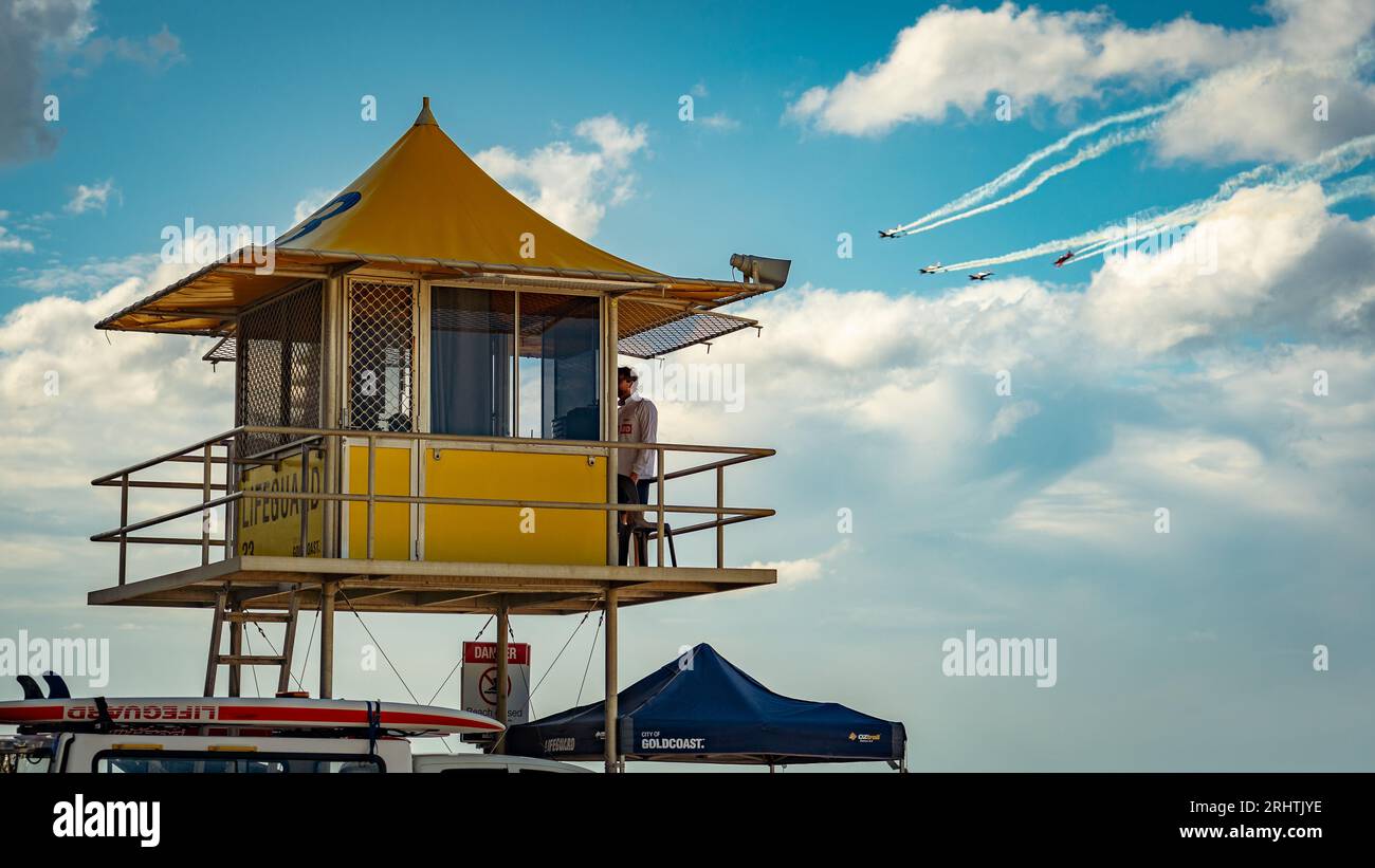 Gold Coast, Australia - Aug 18, 2023: Lifeguard's tower with planes ...